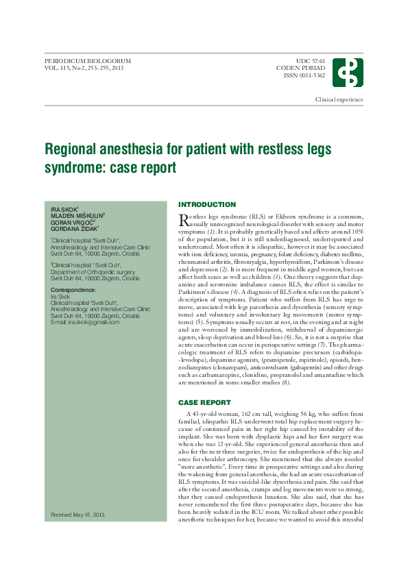 (PDF) Regional anesthesia for patient with restless legs syndrome: case report | Goran Vrgoc ...
