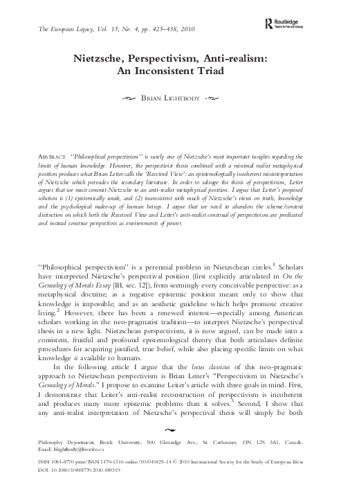 (PDF) Nietzsche, Perspectivism, Anti-realism: An Inconsistent Triad