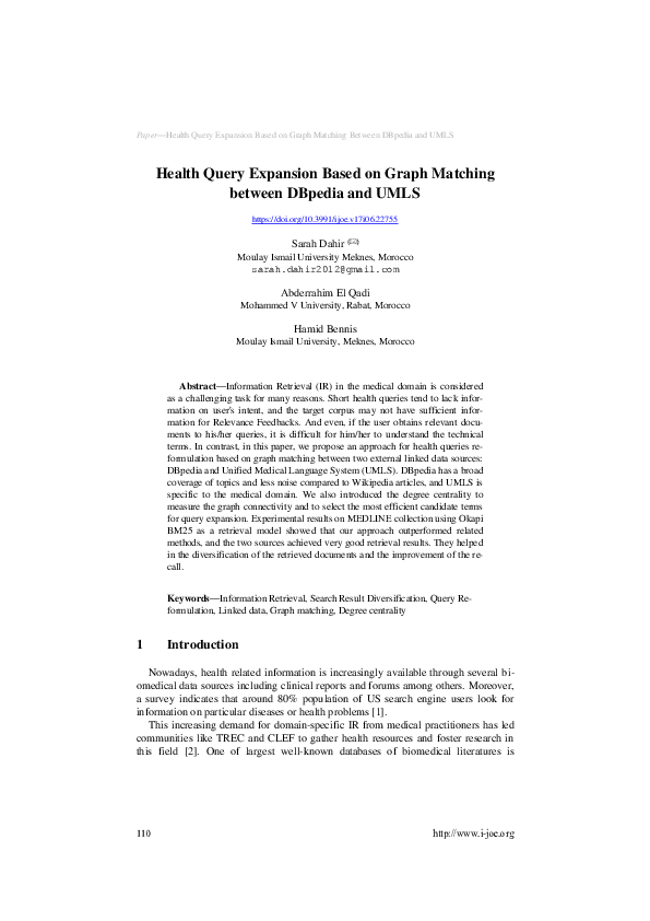 Pdf Health Query Expansion Based On Graph Matching Between Dbpedia And Umls