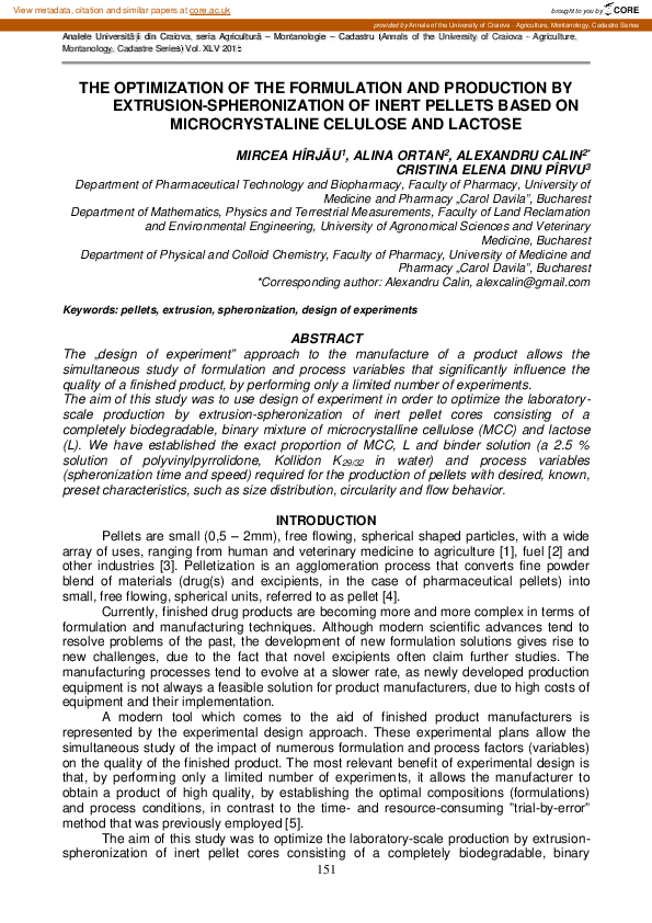 (PDF) The optimization of the formulation and production by extrusion-spheronization of inert ...