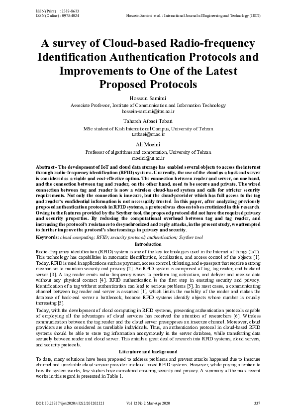 (PDF) A survey of Cloud-based Radio-frequency Identification Authentication Protocols and ...
