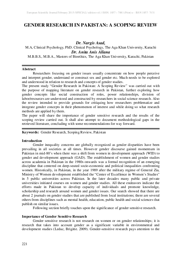 (PDF) Gender Research in Pakistan: A Scoping Review