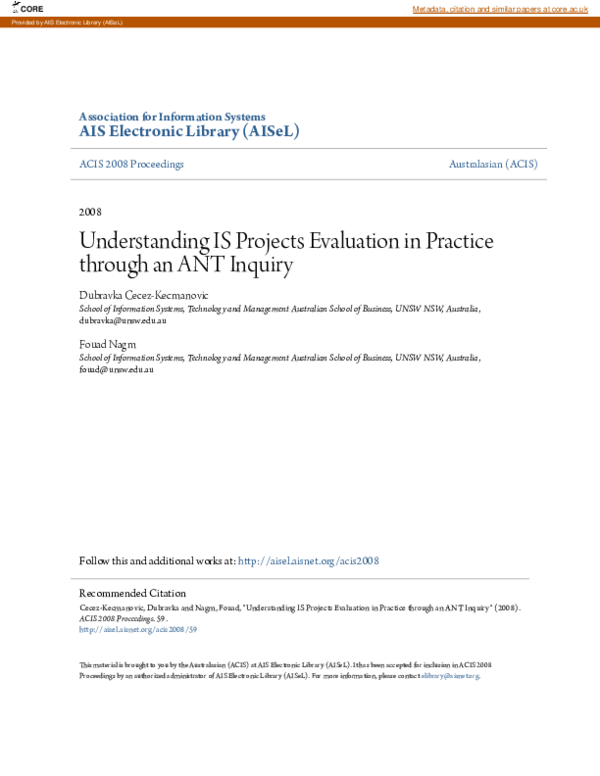 (PDF) Understanding IS Projects Evaluation in Practice through an ANT ...