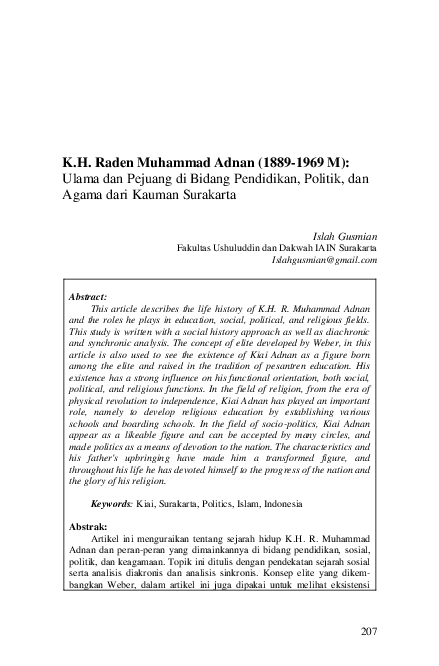 (PDF) K.H. Raden Muhammad Adnan (1889-1969 M): Ulama dan Pejuang di ...