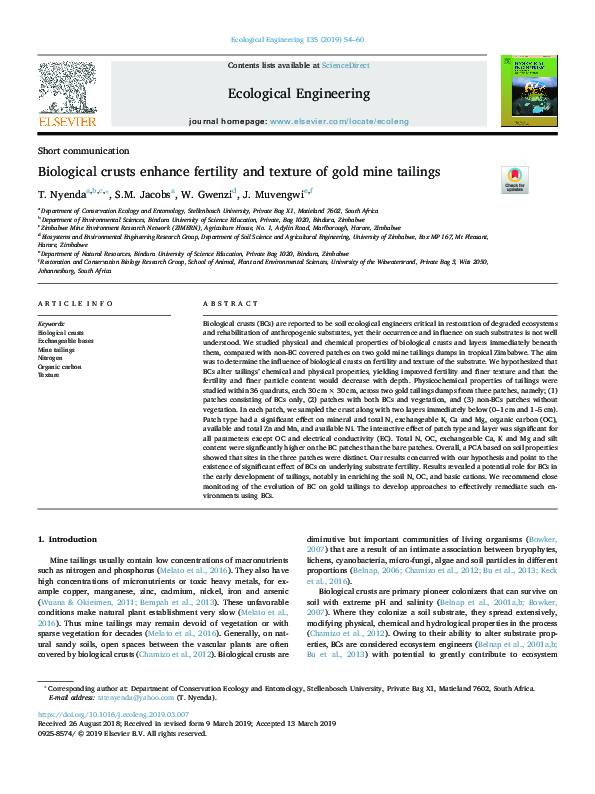 (PDF) Biological crusts enhance fertility and texture of gold mine tailings