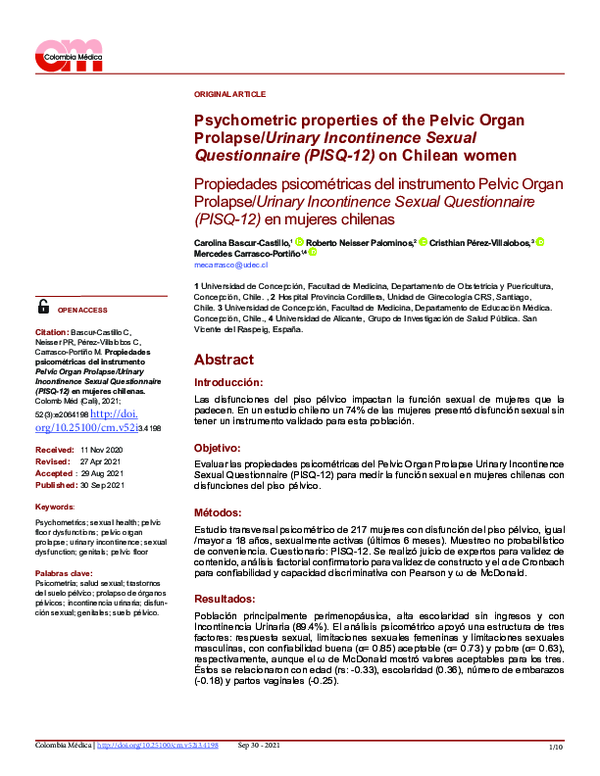 (PDF) Propiedades psicométricas del instrumento Pelvic Organ Prolapse ...