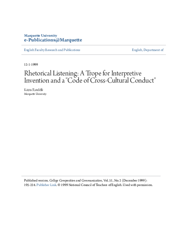 (PDF) Rhetorical Listening: A Trope for Interpretive Invention and a ...
