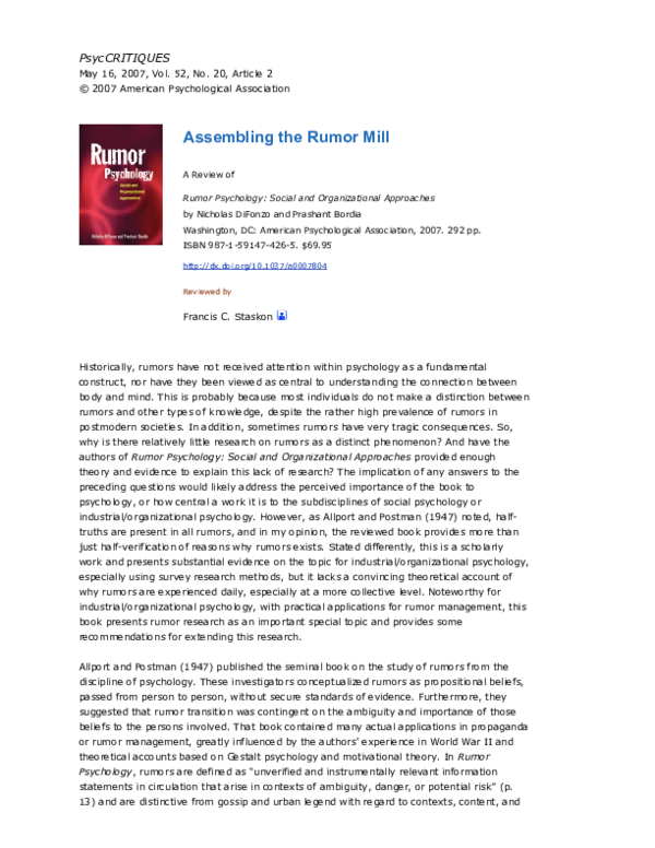 (PDF) Assembling the Rumor Mill | francis staskon - Academia.edu