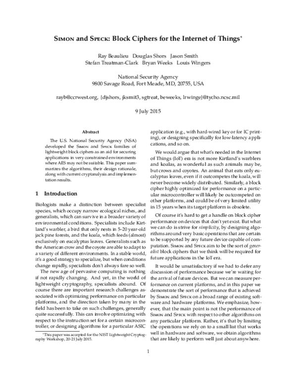 (PDF) SIMON and SPECK: Block Ciphers for the Internet of Things