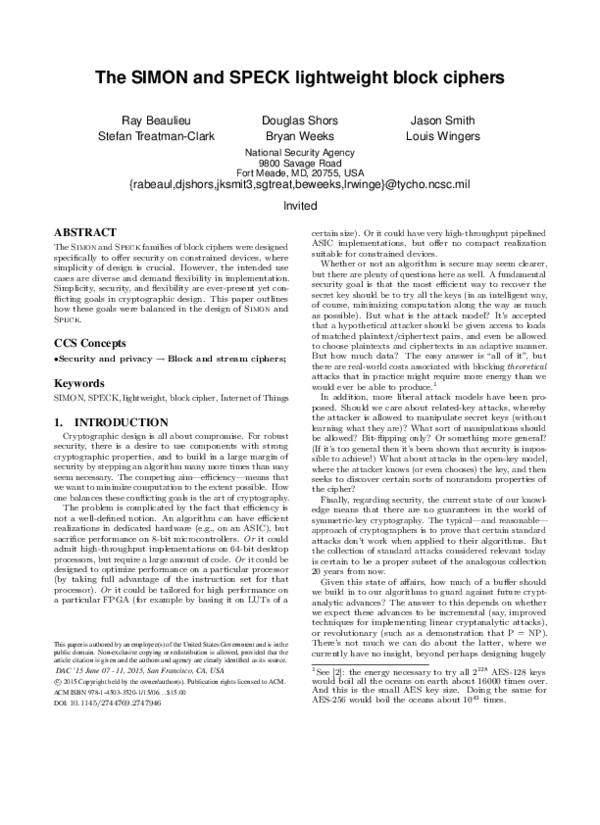 (PDF) The SIMON and SPECK lightweight block ciphers
