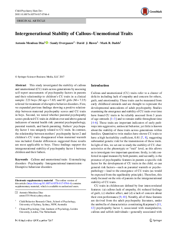 (PDF) Intergenerational Stability of Callous–Unemotional Traits