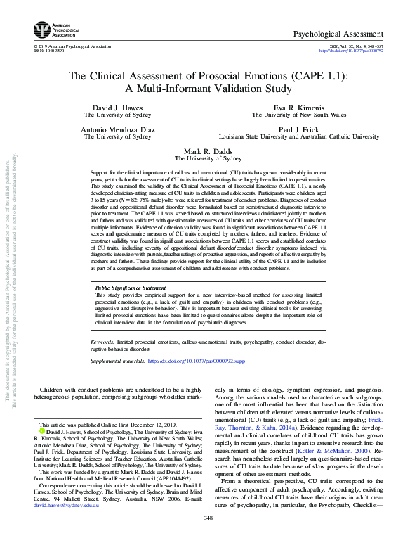 (PDF) The Clinical Assessment of Prosocial Emotions (CAPE 1.1): A multi ...
