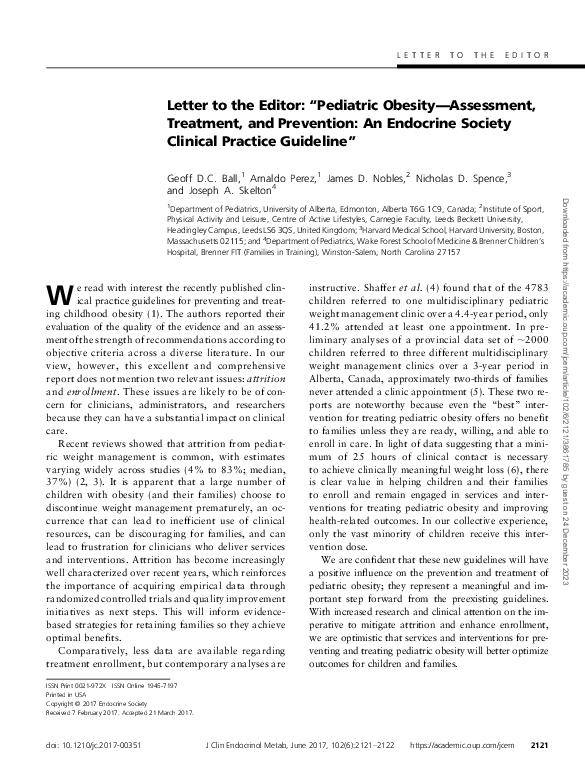 (PDF) Letter to the Editor: “Pediatric Obesity—Assessment, Treatment ...