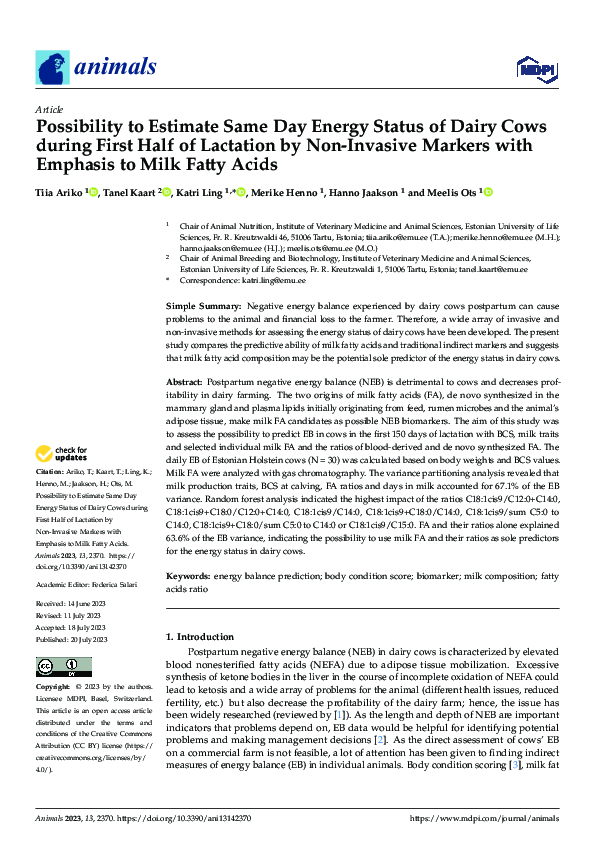 (PDF) Possibility to Estimate Same Day Energy Status of Dairy Cows during First Half of ...