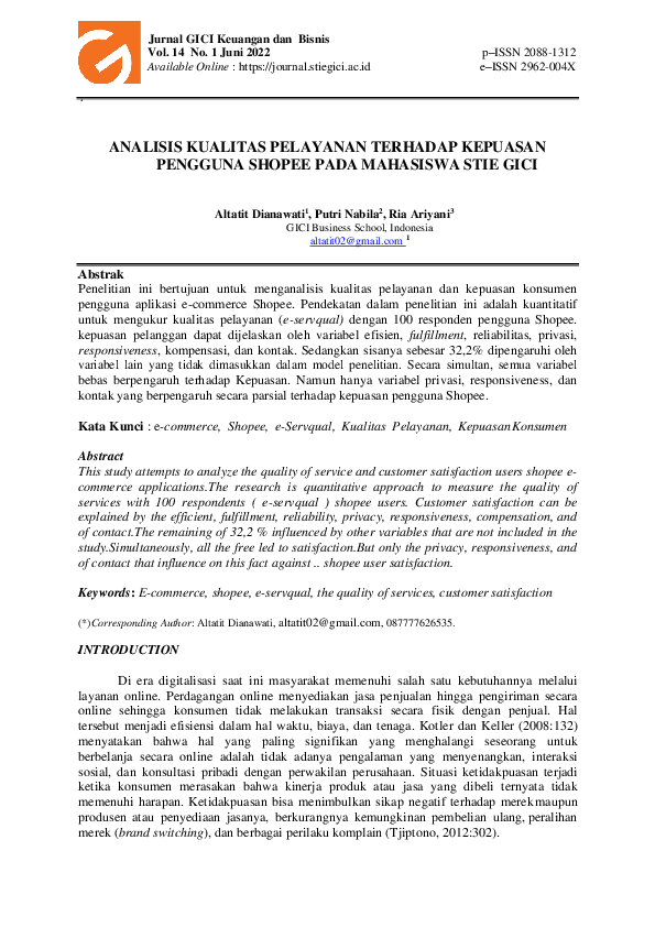 (PDF) Analisis Kualitas Pelayanan Terhadap Kepuasan Pengguna Shopee Pada Mahasiswa Stie Gici