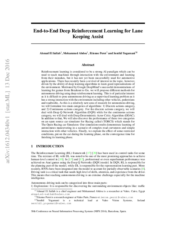 (PDF) End-to-End Deep Reinforcement Learning for Lane Keeping Assist