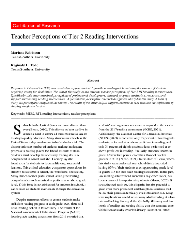 (PDF) Teacher Perceptions of Tier 2 Reading Interventions | Marlena Robinson and Reginald Todd ...