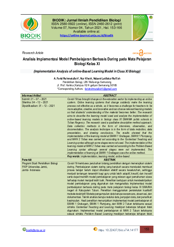 (PDF) Analisis Implementasi Model Pembelajaran Berbasis Daring pada Mata Pelajaran Biologi Kelas XI
