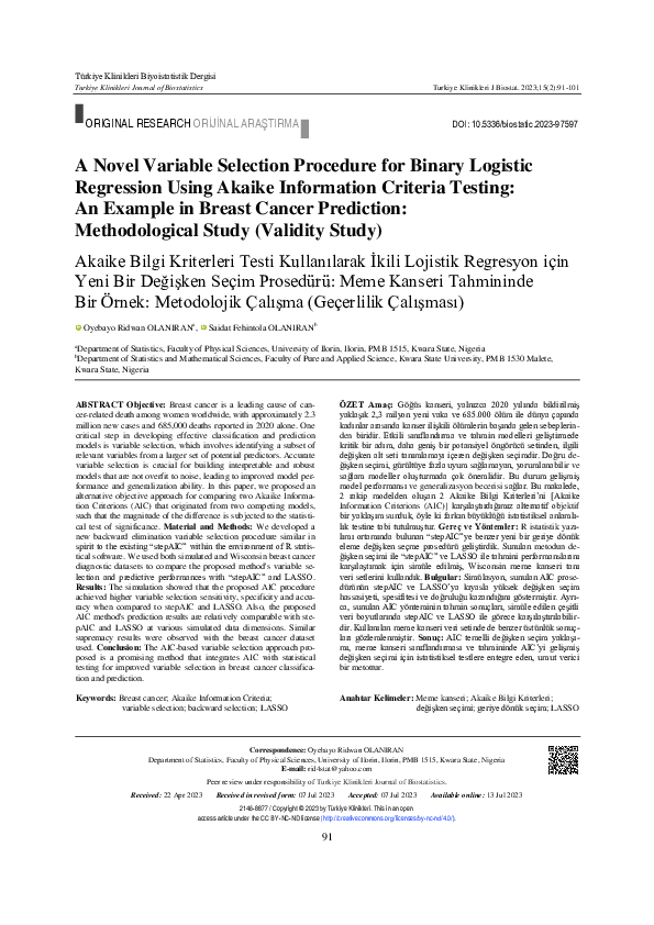 (PDF) A Novel Variable Selection Procedure for Binary Logistic Regression Using Akaike ...