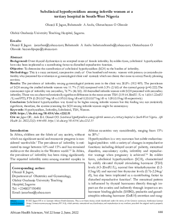 (PDF) Subclinical hypothyroidism among infertile women at a tertiary ...