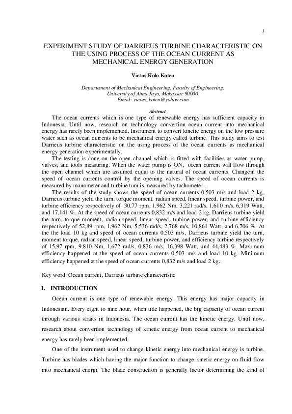 (PDF) EXPERIMENT STUDY OF DARRIEUS TURBINE CHARACTERISTIC ON THE USING ...