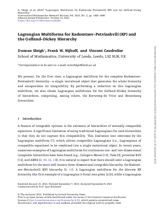 (PDF) Lagrangian Multiforms for Kadomtsev–Petviashvili (KP) and the Gelfand–Dickey Hierarchy