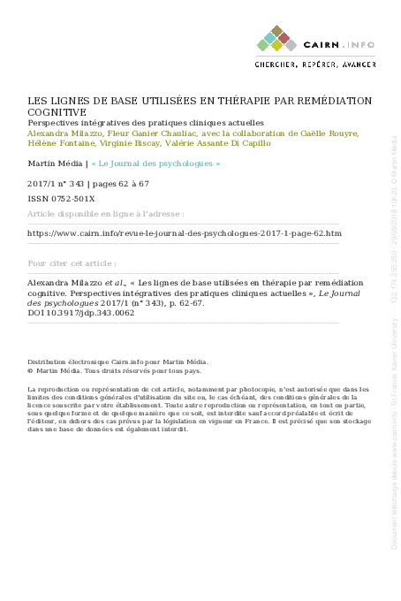 (PDF) Les lignes de base utilisées en thérapie par remédiation cognitive | Gaelle ROUYRE ...
