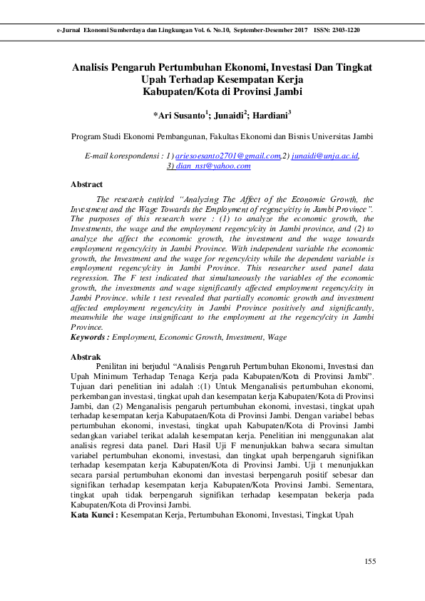 (PDF) Analisis Pengaruh Pertumbuhan Ekonomi, Investasi Dan Tingkat Upah Terhadap Kesempatan ...