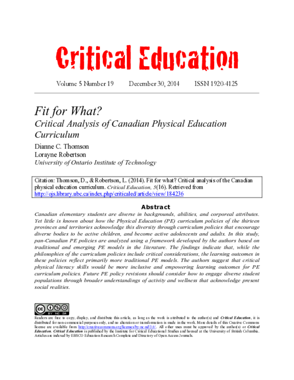 (PDF) Critical Analysis of Canadian Physical Education Curriculum