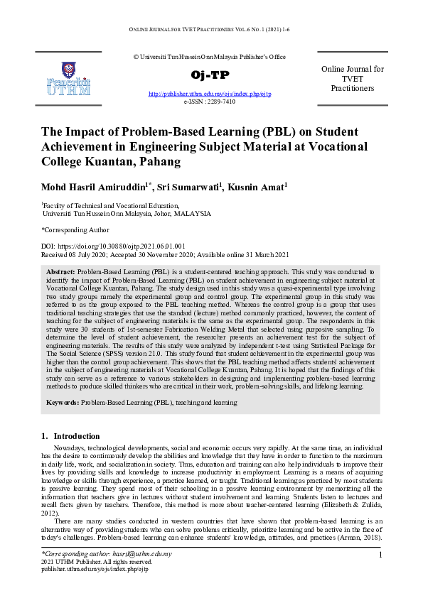 (PDF) The Impact of Problem-Based Learning (PBL) on Student Achievement in Engineering Subject ...