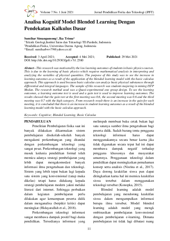 (PDF) Analisa Kognitif Model Blended Learning Dengan Pendekatan Kalkulus Dasar