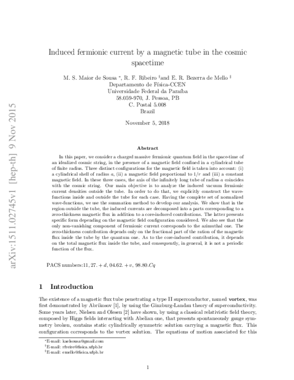 (PDF) Induced fermionic current by a magnetic tube in the cosmic string spacetime