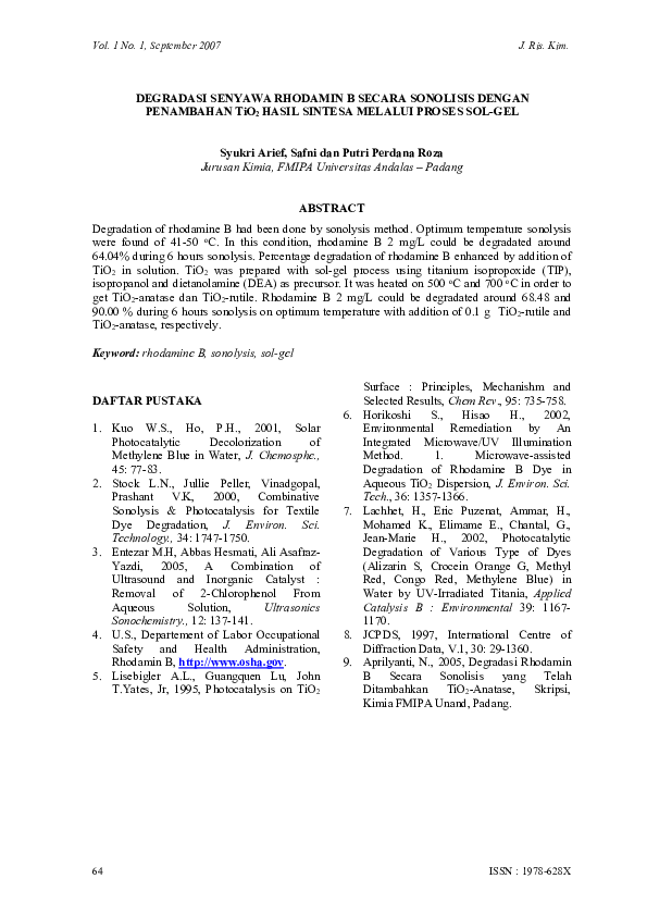(PDF) DEGRADASI SENYAWA RHODAMIN B SECARA SONOLISIS DENGAN PENAMBAHAN ...