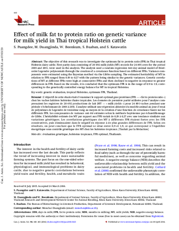 (PDF) Effect of milk fat to protein ratio on genetic variance for milk yield in Thai tropical ...