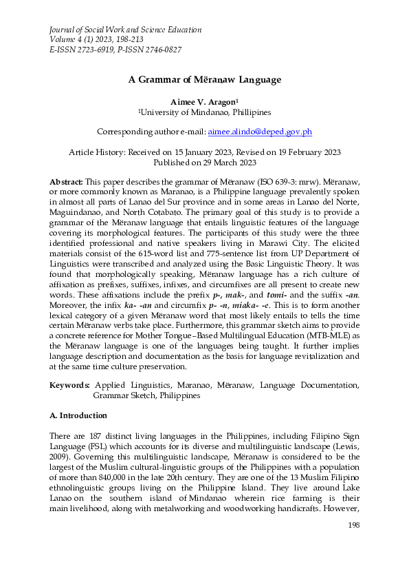 (PDF) A Grammar of Mëranaw Language