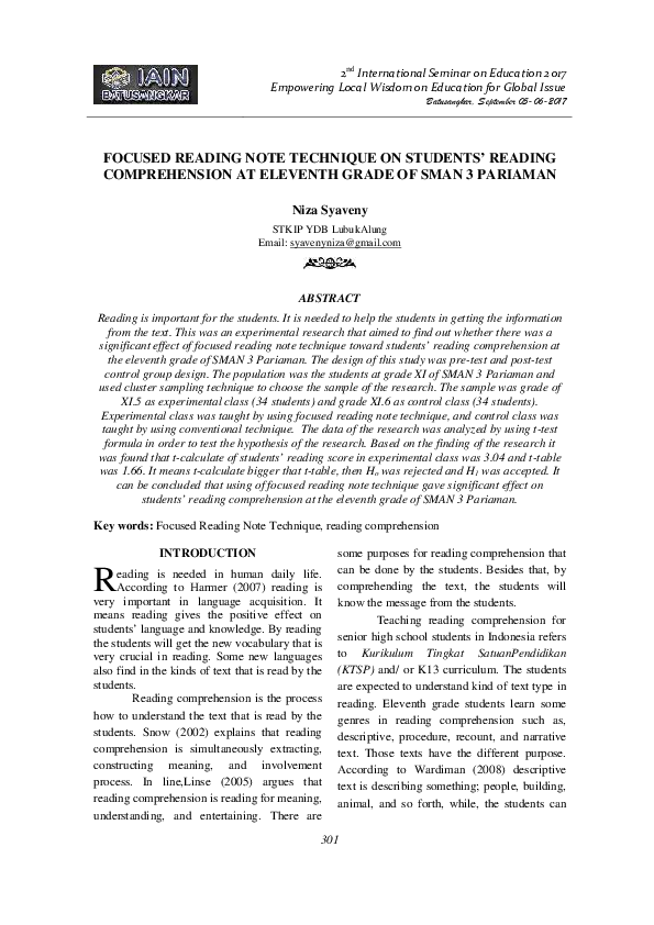 (PDF) Focused Reading Note Technique on Students’ Reading Comprehension ...