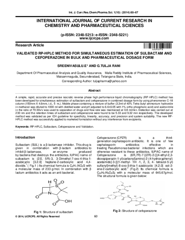 (PDF) Validated RP-HPLC Method for Simultaneous Estimation of Sulbactam and Cefoperazone in Bulk ...
