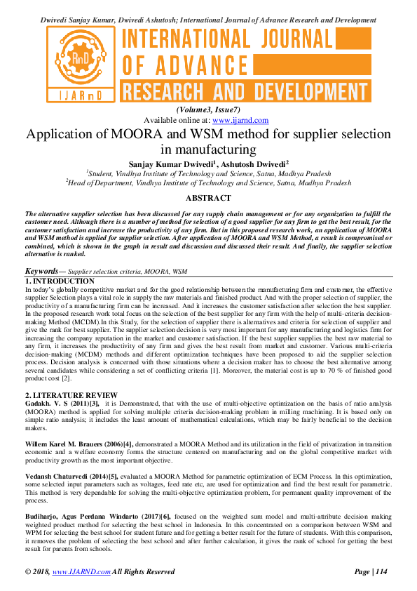 Pdf Application Of Moora And Wsm Method For Supplier Selection In Manufacturing