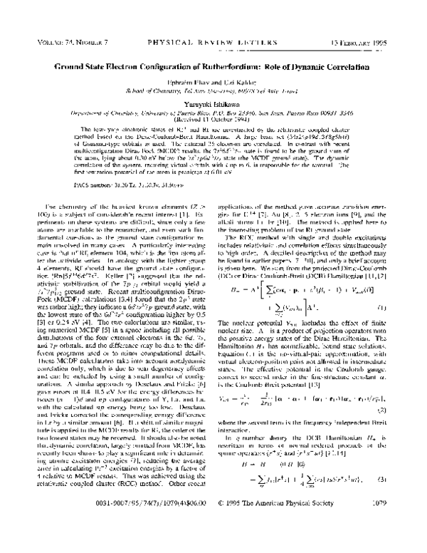 (PDF) Ground State Electron Configuration of Rutherfordium: Role of Dynamic Correlation