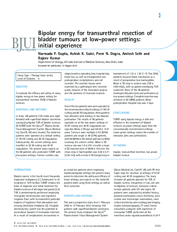 (PDF) Bipolar energy for transurethral resection of bladder tumours at ...