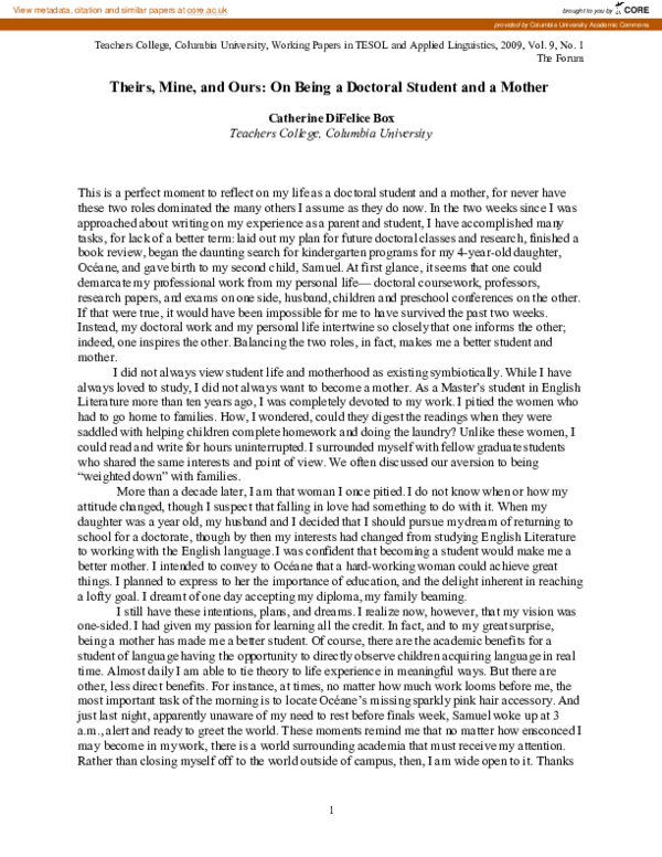 (PDF) Theirs, Mine, and Ours: On Being a Doctoral Student and a Mother