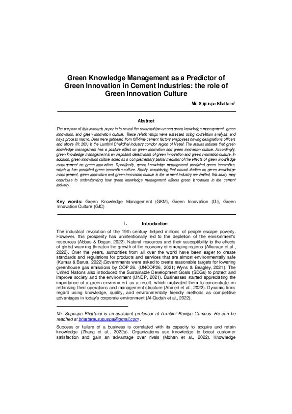 (PDF) Green Knowledge Management as a Predictor of Green Innovation in ...