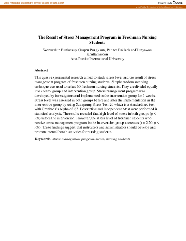(PDF) The Result of Stress Management Program in Freshman Nursing Students
