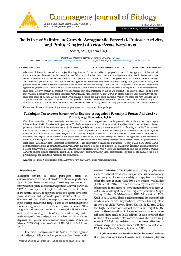 (PDF) The Effect of Salinity on Growth, Antagonistic Potential, Protease Activity, and Proline ...