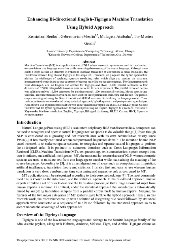 (PDF) Enhancing Bi-directional English-Tigrigna Machine Translation ...