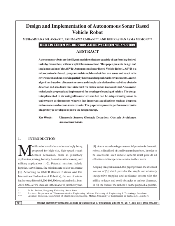 (PDF) Design and Implementation of Autonomous Sonar Based Vehicle Robot