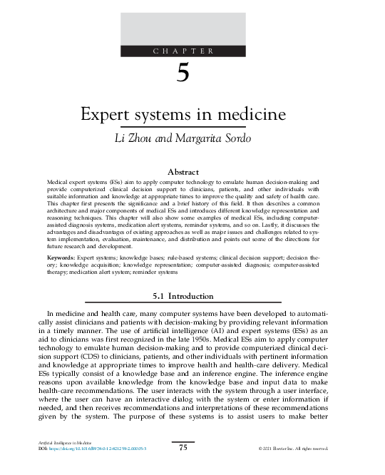 (PDF) Artificial Intelligence in Medicine: Expert Systems