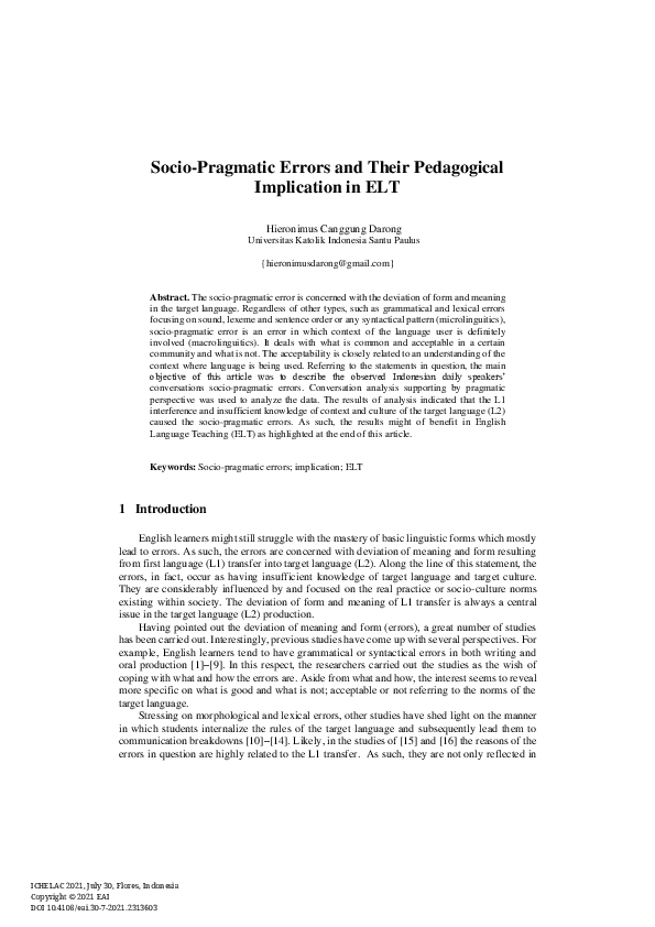 (PDF) Socio-Pragmatic Errors and Their Pedagogical Implication in ELT