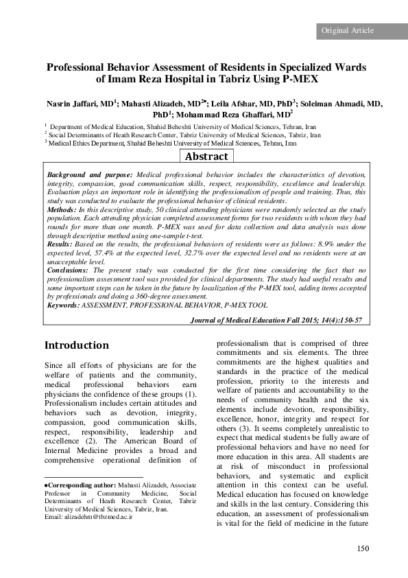 (PDF) Professional Behavior Assessment of Residents in Specialized ...