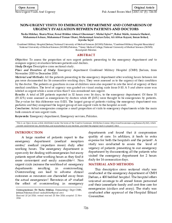 (PDF) Non-Urgent Visits to Emergency Department and Comparison of ...